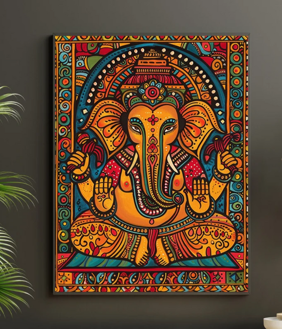 Vibrant Lord Ganesha – Traditional Folk Art Canvas – DekorDelivery